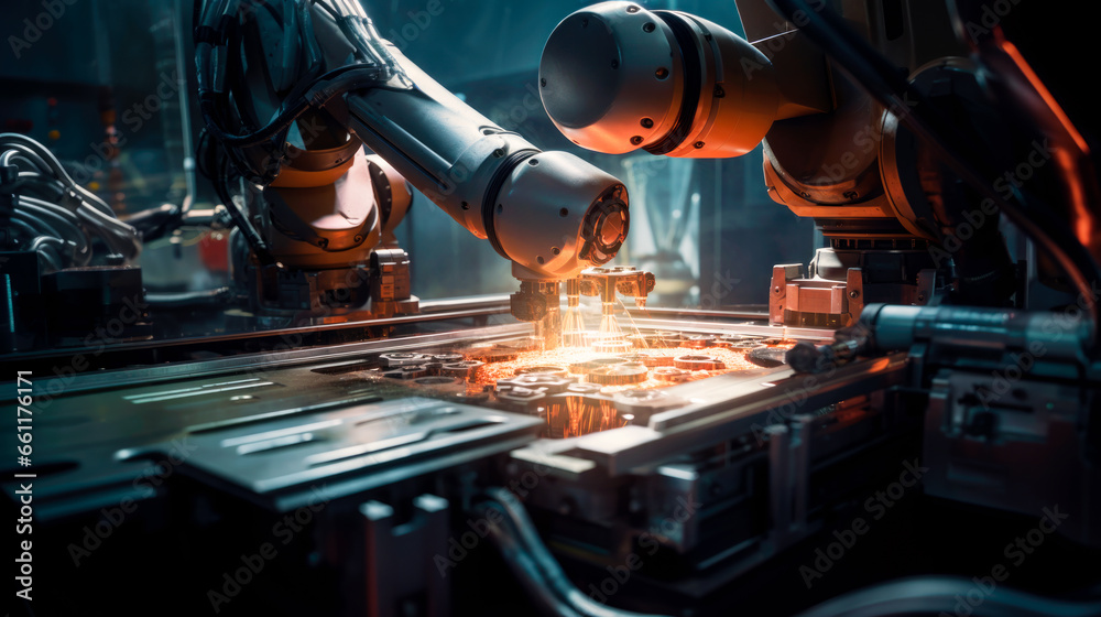 industrial axis articulated robots or robotic arms doing assembly chip ...