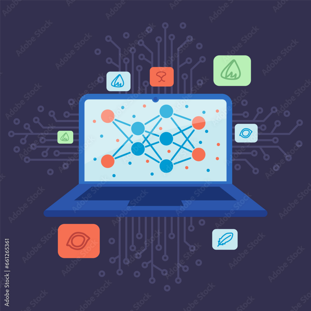 Laptop with AI interface vector illustration. Optical fiber wires ...