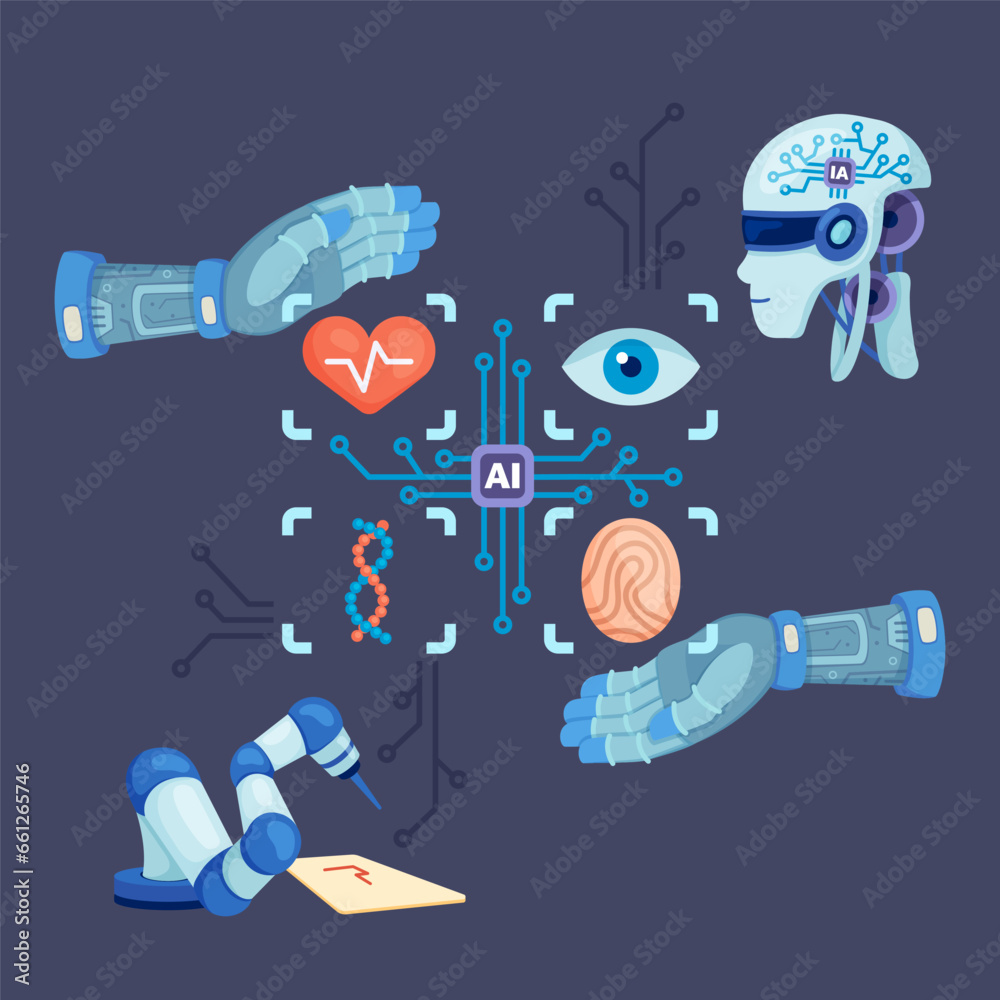 Various aspects of artificial intelligence vector illustration. Cartoon robots and machine hands ...