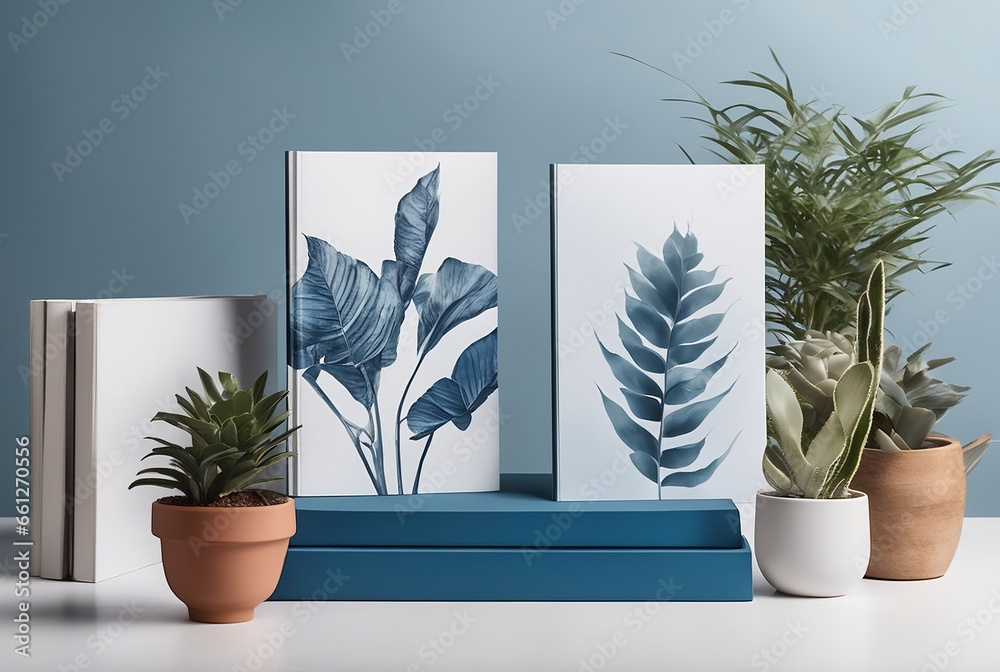 hard cover book design mockup photograph ;blue and white color shaded ...