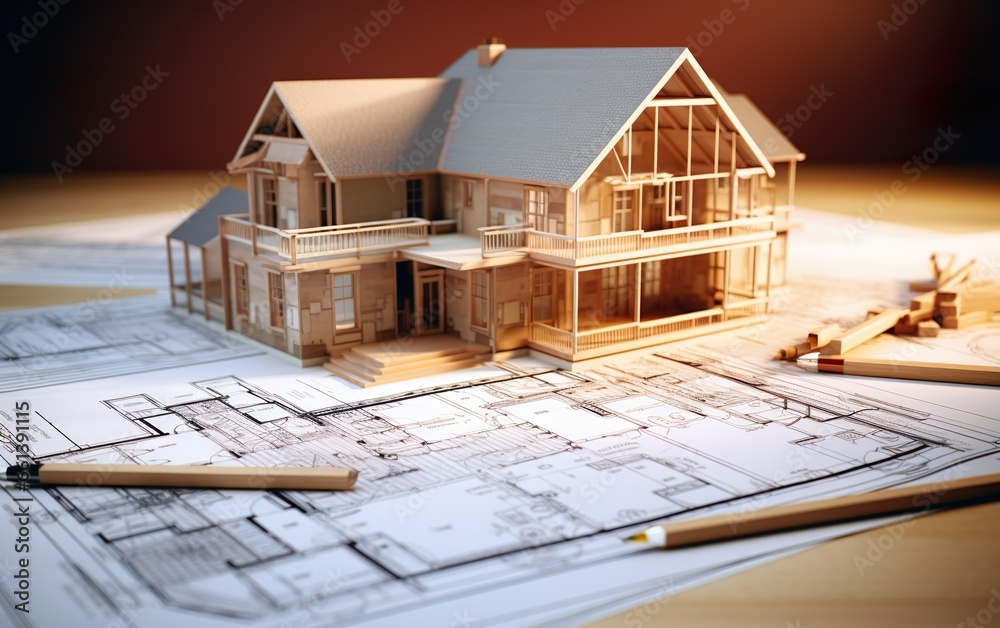 A miniature house model on top of blueprints, floor plan. Drawing tools ...