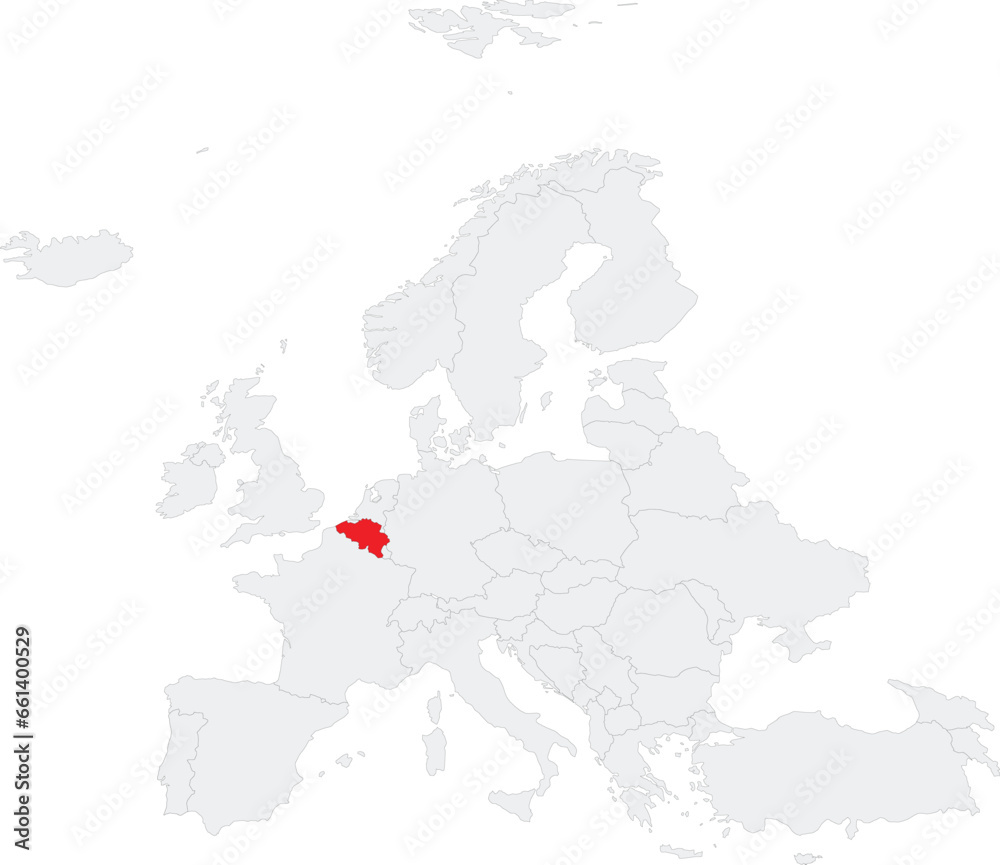 Red CMYK national map of BELGIUM inside gray blank political map of ...