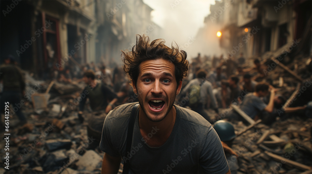 a man is running away in horror from the destruction and rubble caused ...