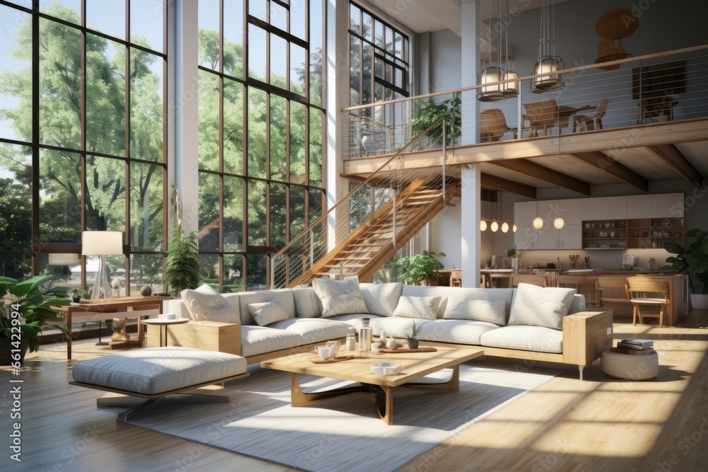 Open-concept loft space with a glossy mezzanine, industrial accents ...