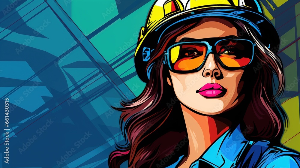 Female engineer reads digital blueprints near construction site vector ...
