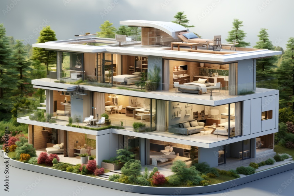 Sustainable modern home's cross-section with eco-friendly features like ...