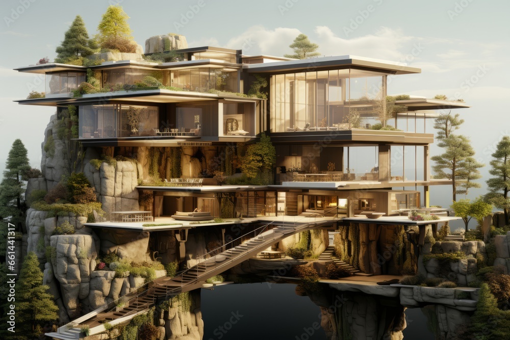 Modern cliffside home's cross-section with cantilevered architecture ...