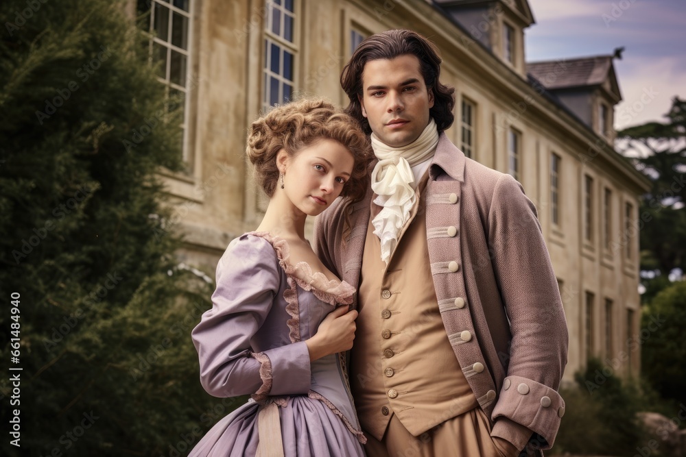 Elegant Young Couple in Regency Era Clothing Posing Outside a Royal ...