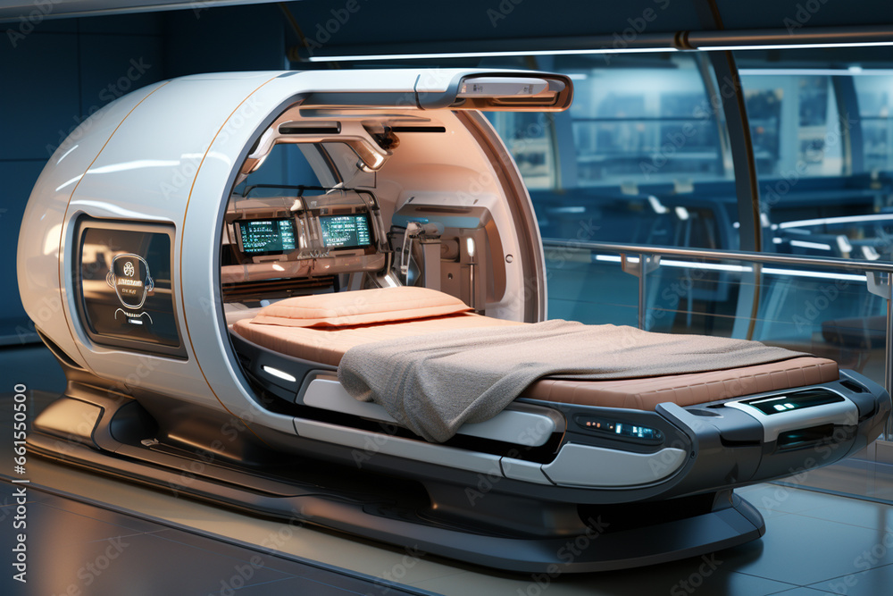 Futuristic scanner capsule. Modern tomography examining, magnetic ...
