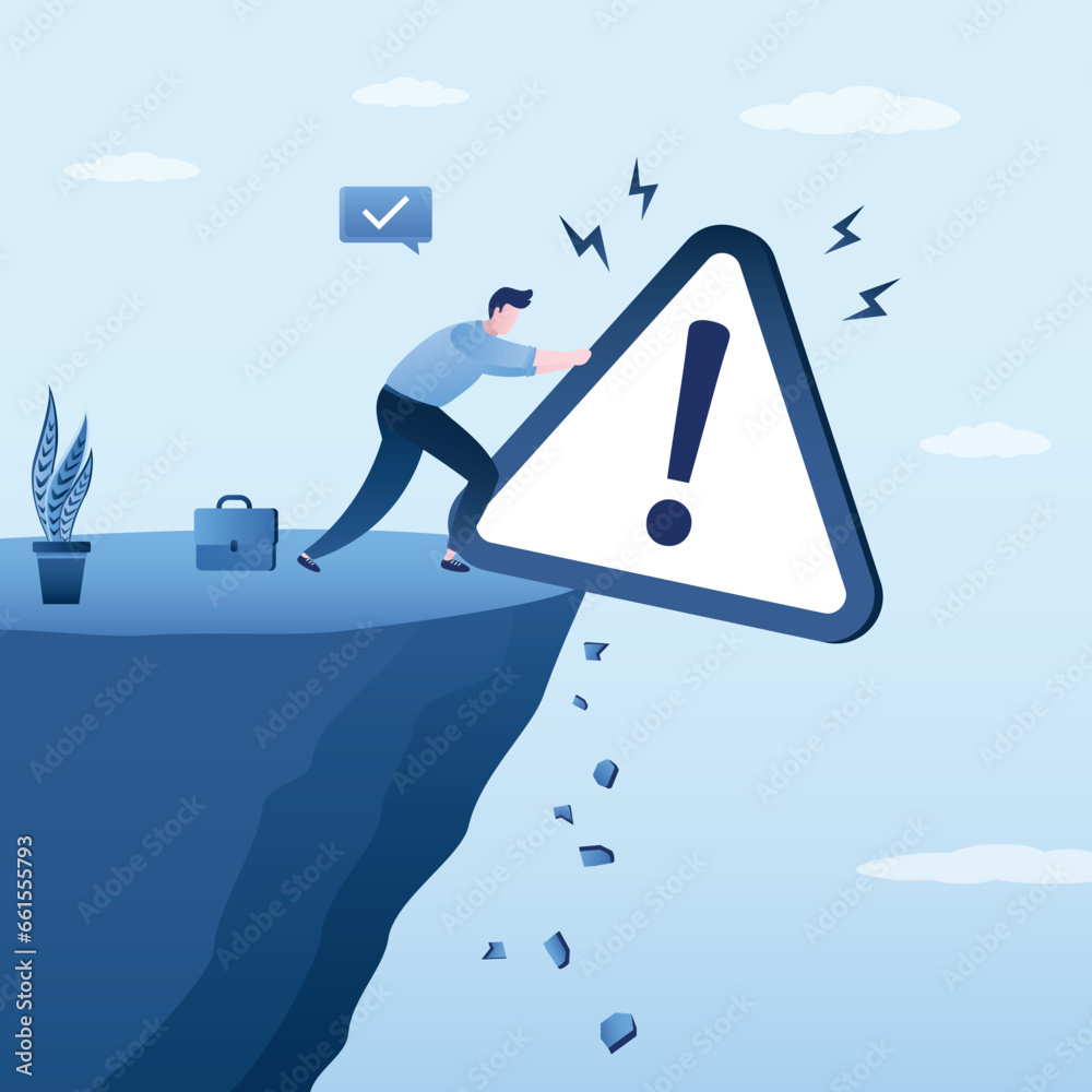 Get rid of exclamation attention sign. Businessman push giant triangle ...