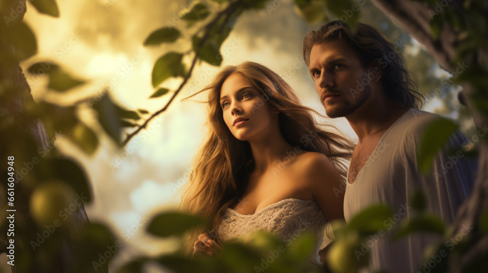 Adam and Eve in the Garden of Eden, Biblical characters, blurred ...