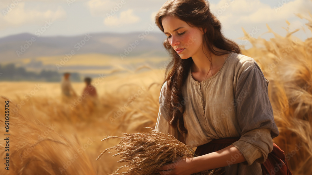 Ruth gleaning in Boaz's field, Biblical characters, blurred background ...