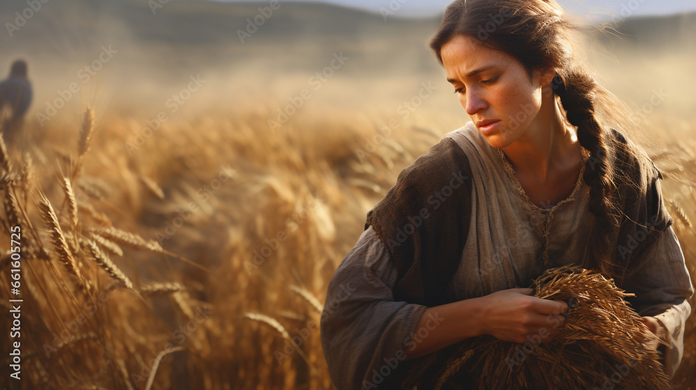 Ruth gleaning in Boaz's field, Biblical characters, blurred background ...