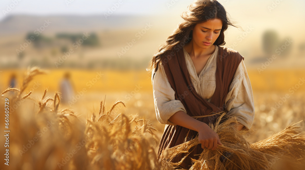 Ruth gleaning in Boaz's field, Biblical characters, blurred background ...