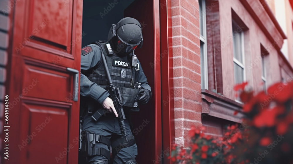 A special forces police officer, wearing bulletproof vest and visor and ...