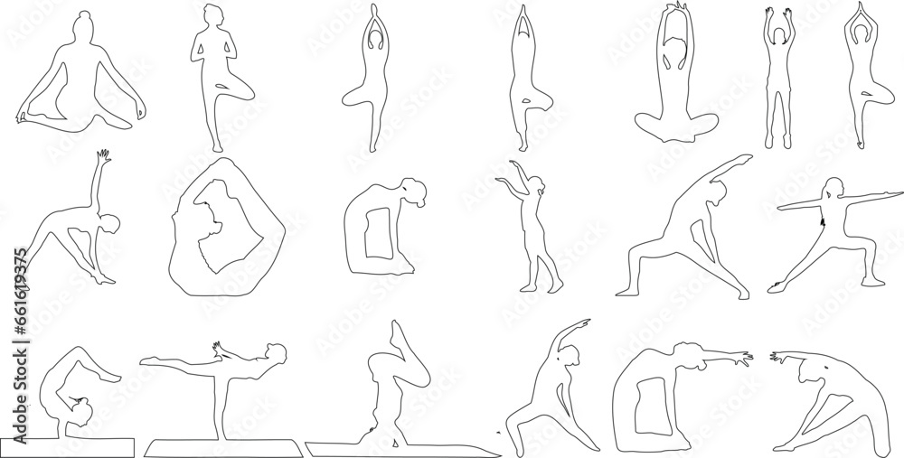yoga poses hand drawn line art vector illustration. Perfect for fitness ...