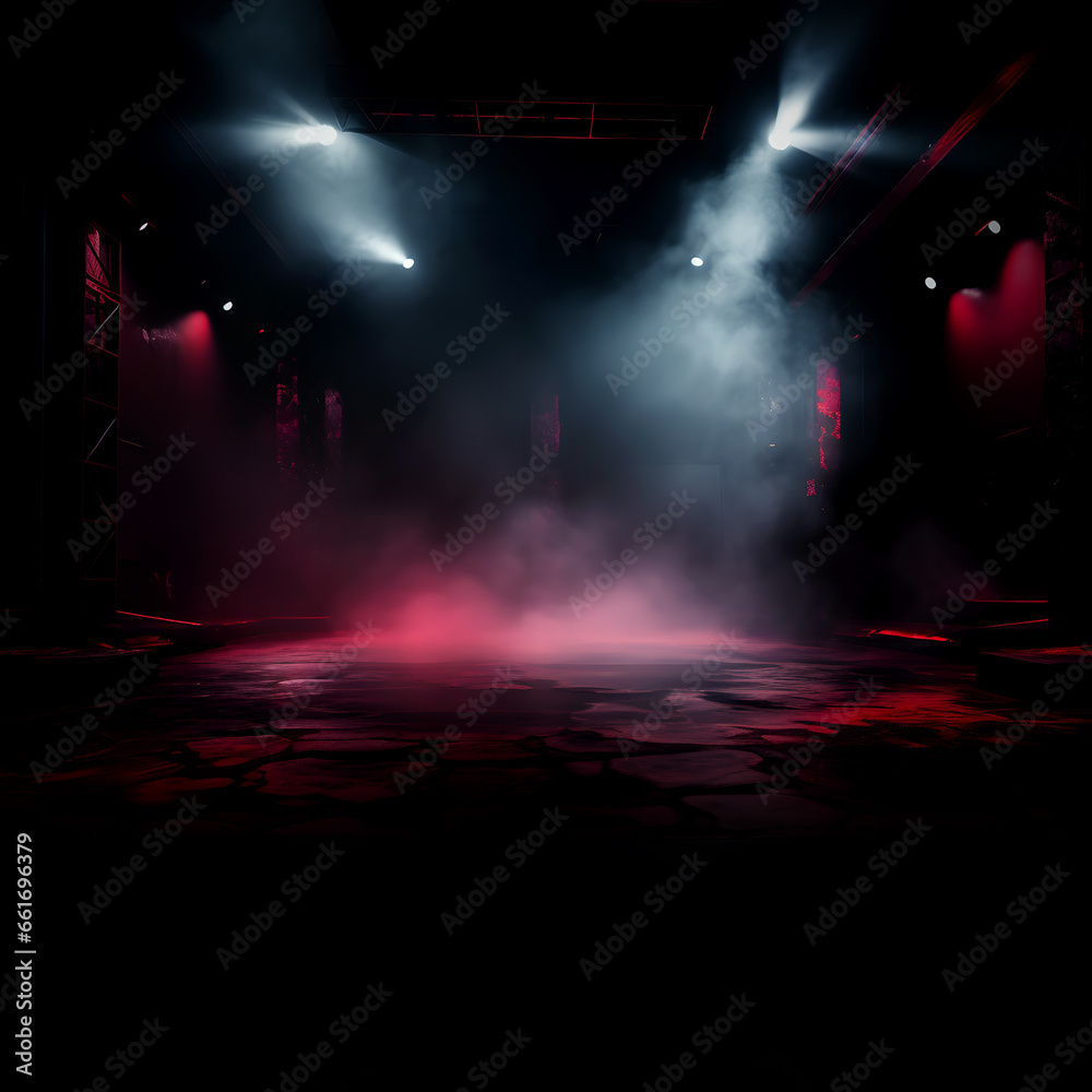 Dark stage shows, dark red background, an empty dark scene, neon light ...