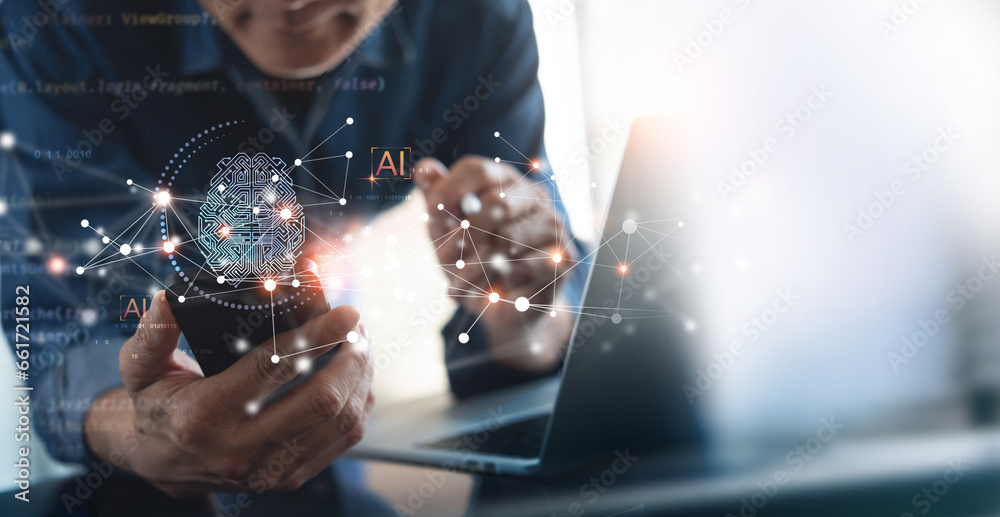 Businessman with digital brain machine learning, Business and Artificial Intelligence (AI ...