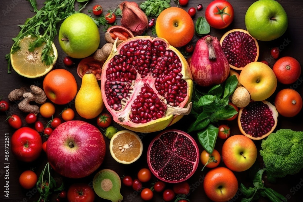 Colorful mix of fruits and vegetables spread on table. Diversity of ...