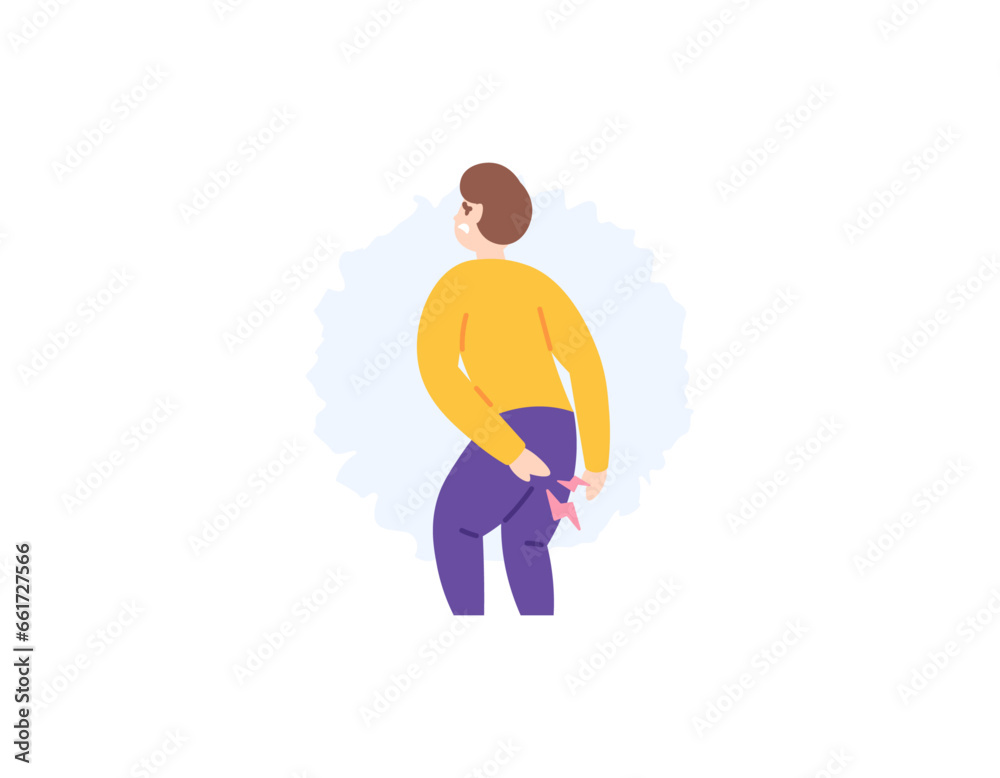 illustration of a man suffering from hemorrhoids. pain, heat, or ...
