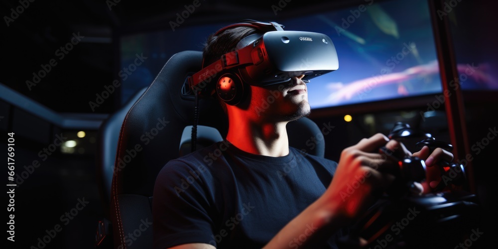 Futuristic simulator seat cockpit, man playing smart video games with ...