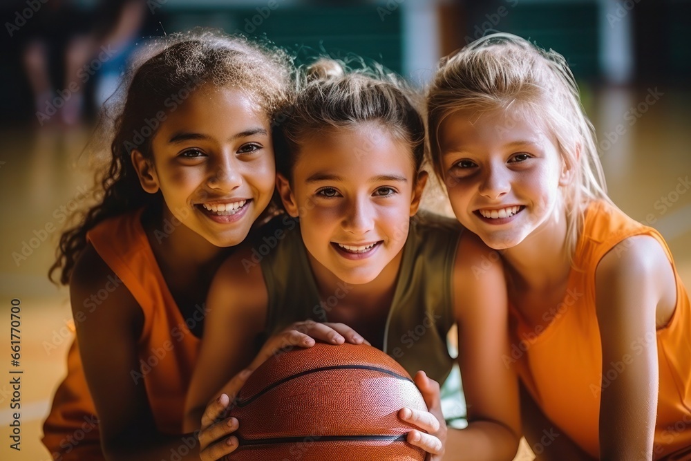Stock-Foto „Three young 10 year old girls with a basketball in the sports hall who enjoy playing ...