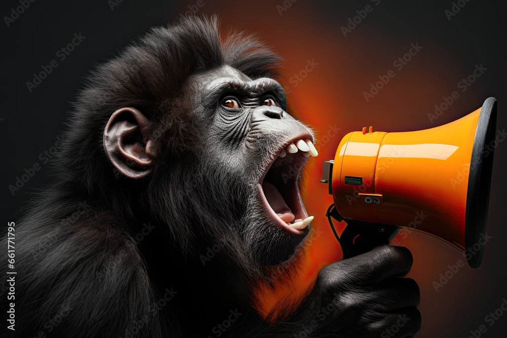 funny monkey is holding and screaming into a loudspeaker. Business and ...