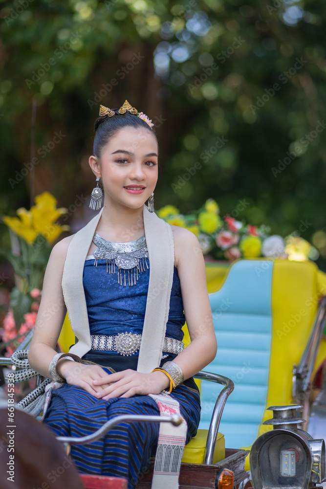 Beautiful portrait model of an Asian woman in Thai traditional dress ...