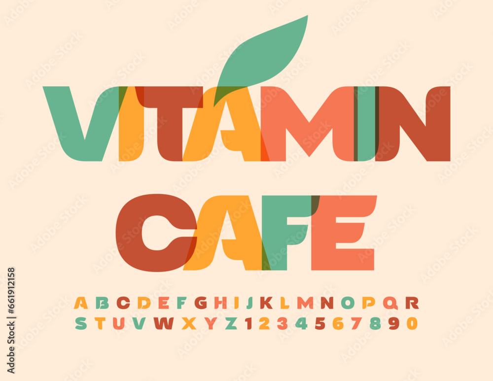 Vector colorful poster Vitamin Cafe. Bright stylish Font. Artistic set ...