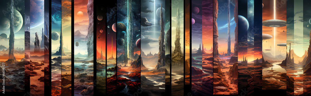 An ultra-wide collage of alien landscapes, where surreal terrains ...