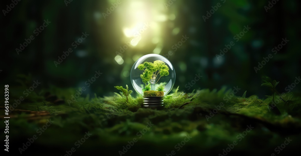 Light bulb in nature with renewable energy concept. Renewable energy ...