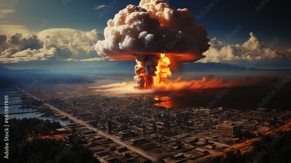 Nuclear explosion day or night. Stormy sky, shock wave against the ...