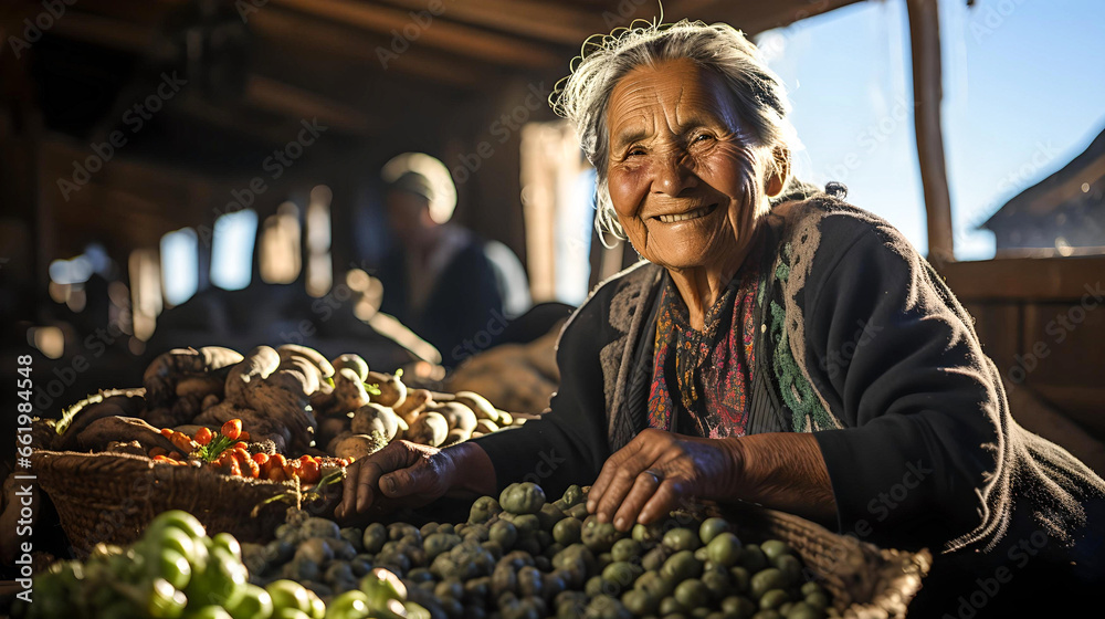 Aboriginal woman from Peru, collecting organic food from her mountain ...