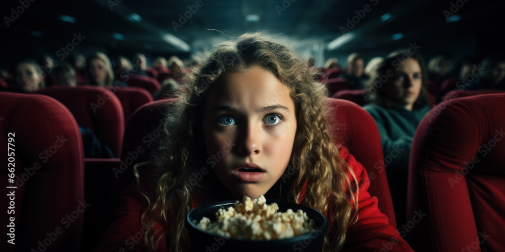Scared teen girl holds popcorn and watches horror movie in cinema hall ...
