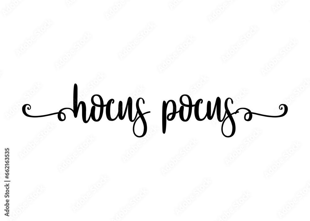 Logo con palabra en texto manuscrito hocus pocus con raya de decoración ...