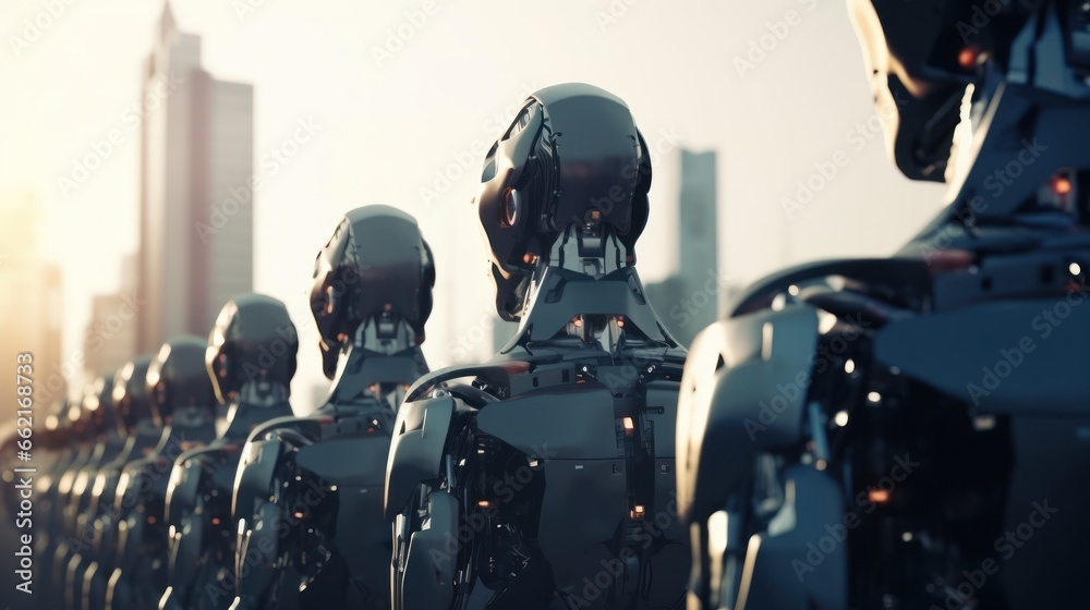 army of robots is approaching a big city. invasion of military robots ...