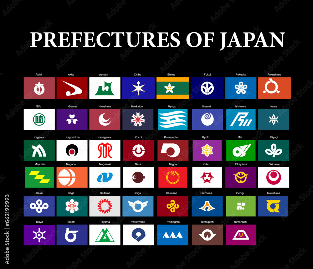 Japan prefectures flag set vector illustration isolated. Regional ...