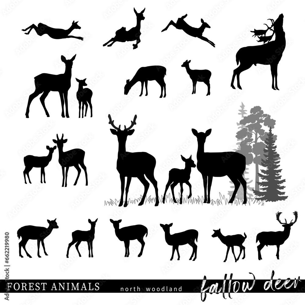 Fallow deer silhouettes with wildlife scene. Vector illustration. Stock ...