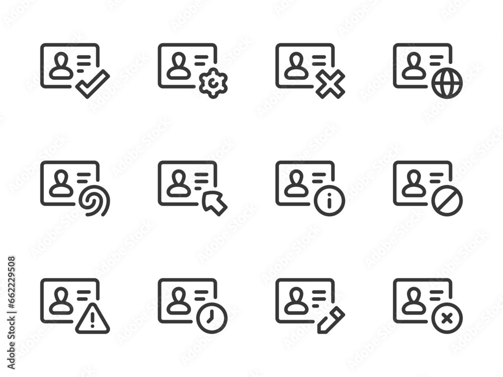 ID Card Preferences and Configurations vector line icons. Identity Document Settings outline ...