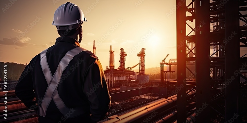 Skilled industrial engineer supervising refinery at sunset. Safety ...