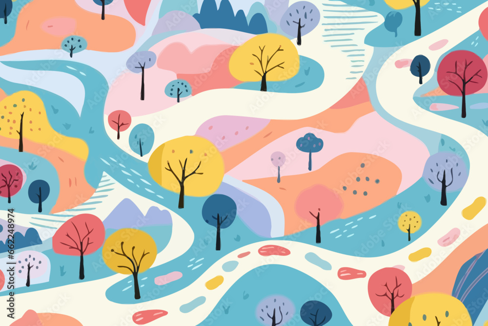 Backcountry roads and pathways quirky doodle pattern, wallpaper ...