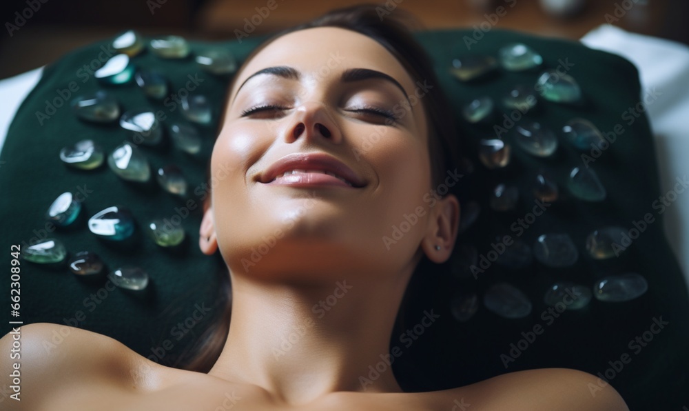 A poised woman in a state of calm, her eyes gently shut, immersing ...