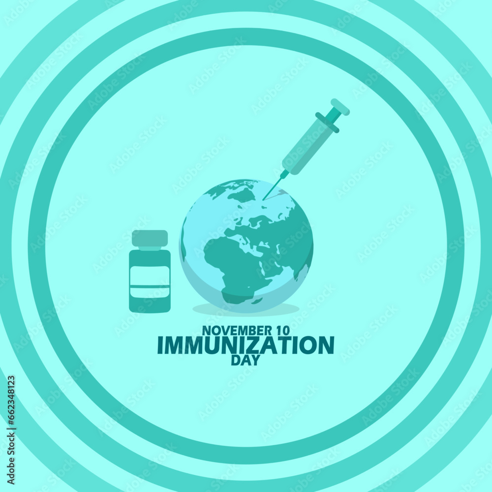 Syringe with vaccine vial, earth and bold text in circle frame on a ...