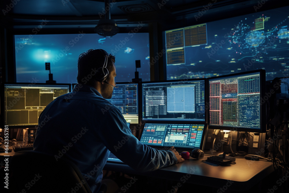In the control room of the oil rig, a male engineer analyzes data on ...