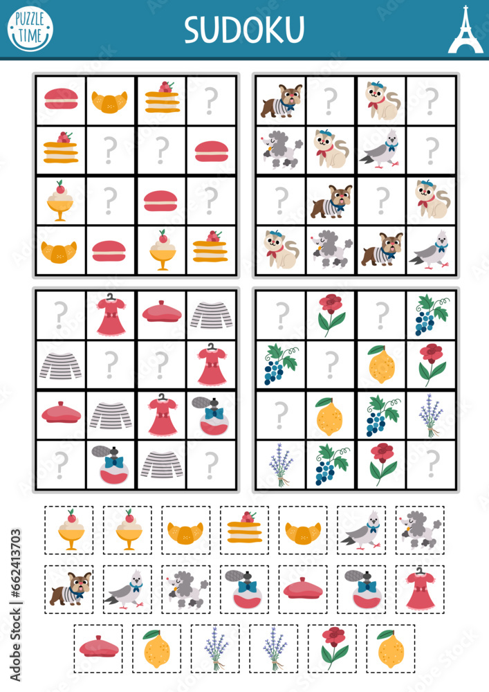 Vector France sudoku puzzle for kids with pictures. Simple French quiz ...