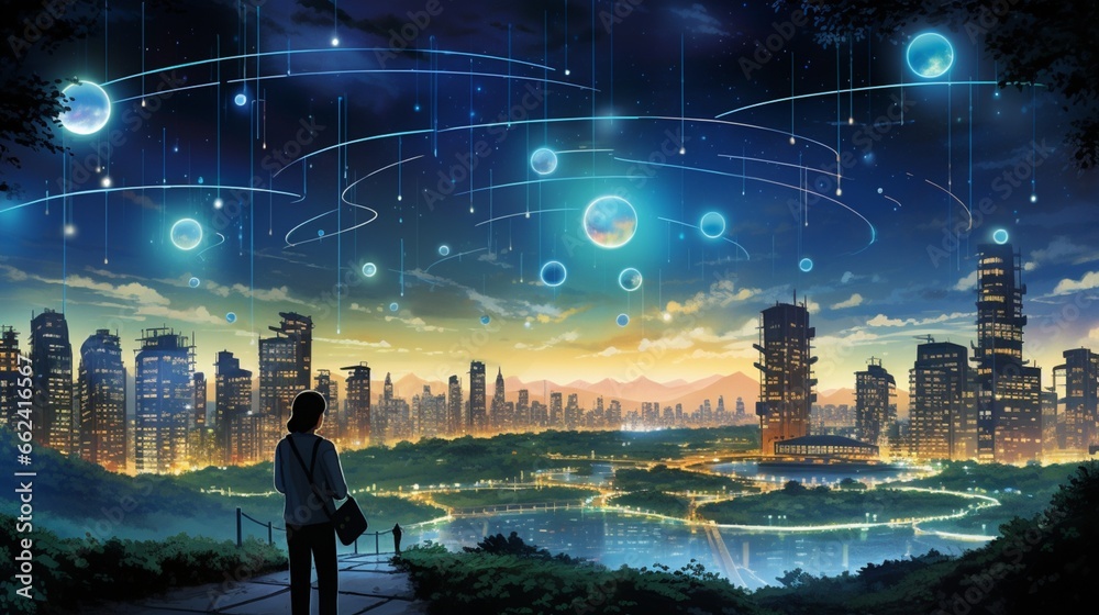 a serene IoT landscape where environmental sensors and smart grids ...