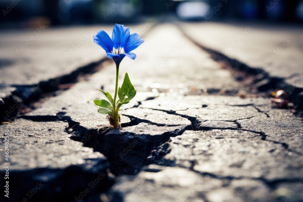A vibrant blue flower emerging from a crack in the desolate road, a ...