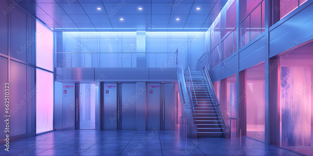 Neon-Lit Futuristic Elevator Corridor leading to an elevator ...