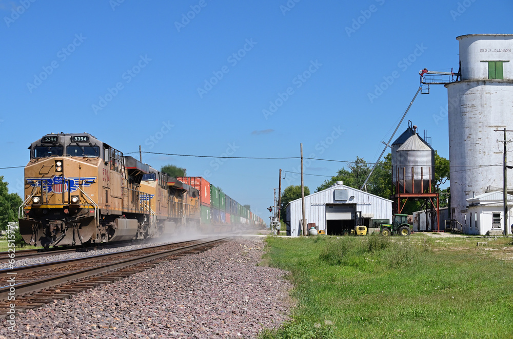 Multiple Union Pacific locomotives power an intermodal freight train ...