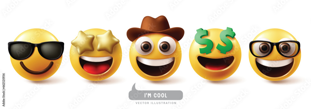 Emoji cool emoticon characters vector set. Emojis emoticons facial ...